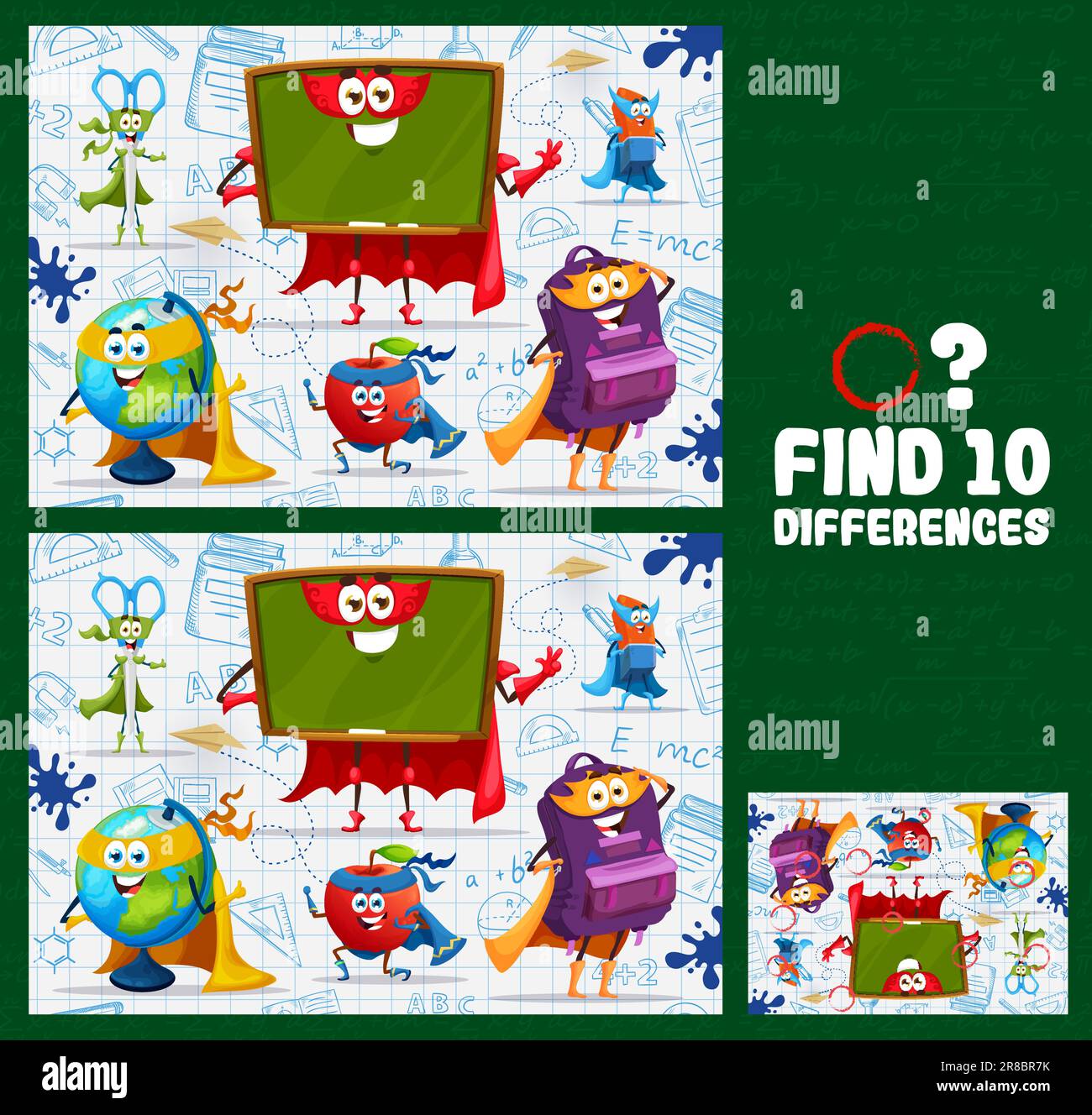 Find ten differences. Cartoon stationery superhero characters. Objects ...