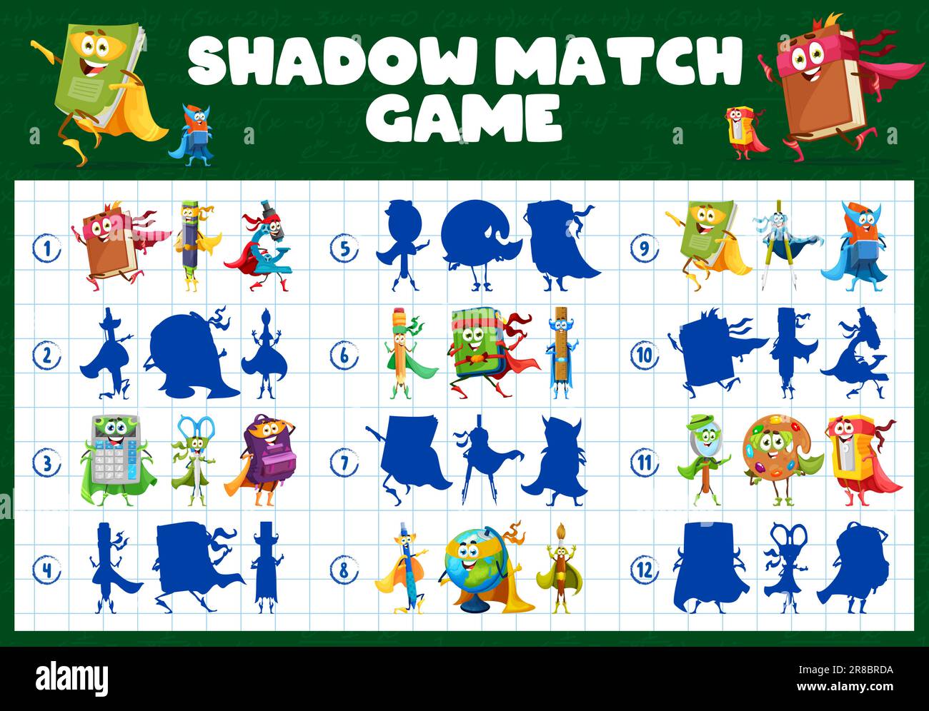 Shadow match game. Cartoon stationery superhero characters kids puzzle ...