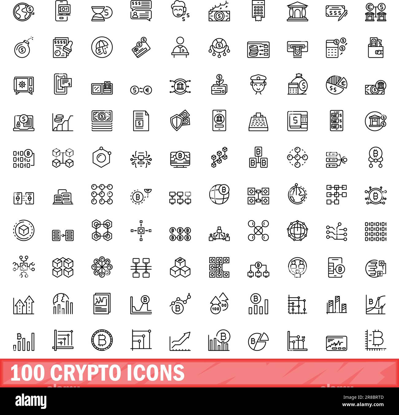 100 crypto icons set. Outline illustration of 100 crypto icons vector ...