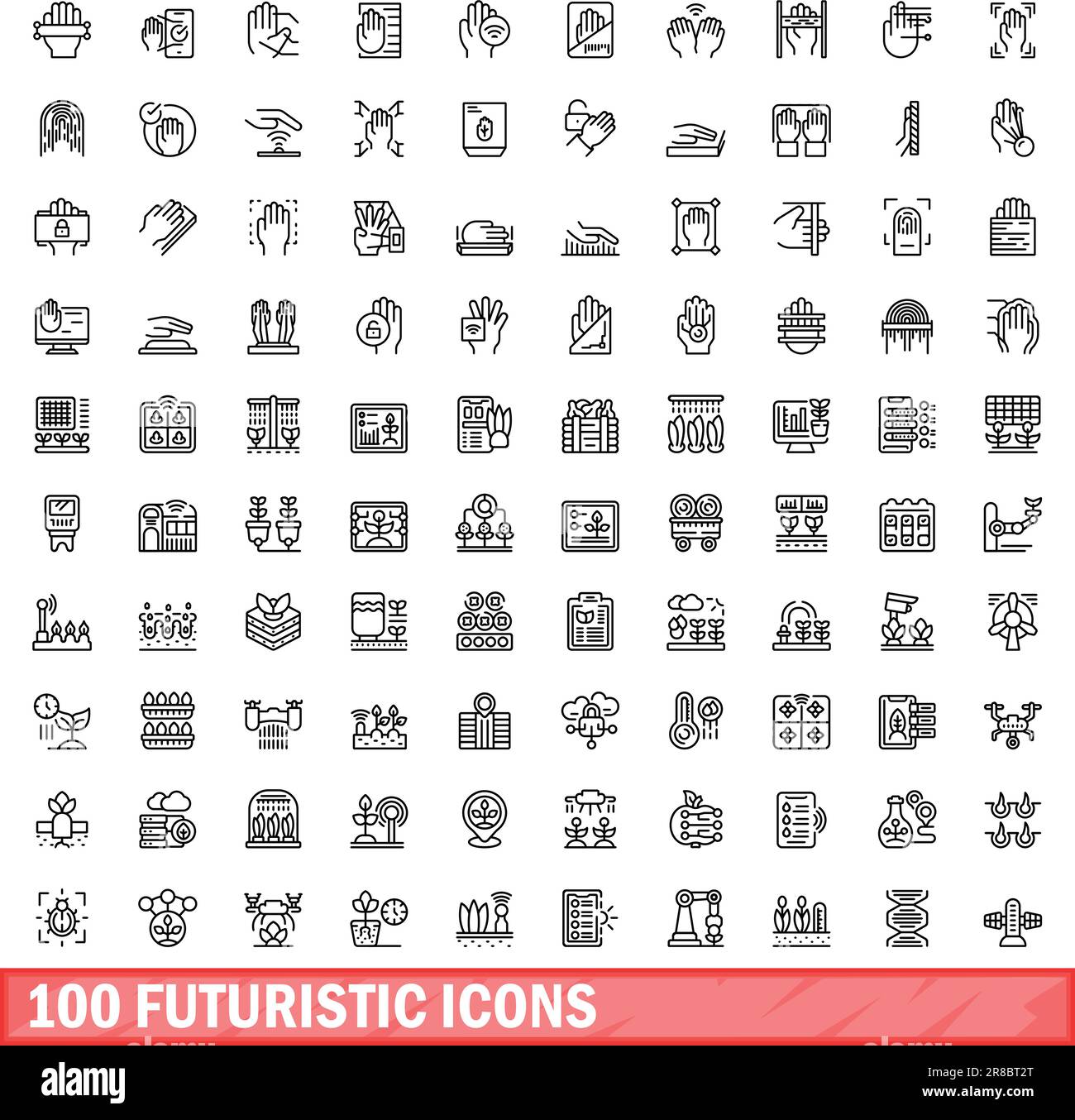 100 futuristic icons set. Outline illustration of 100 futuristic icons ...