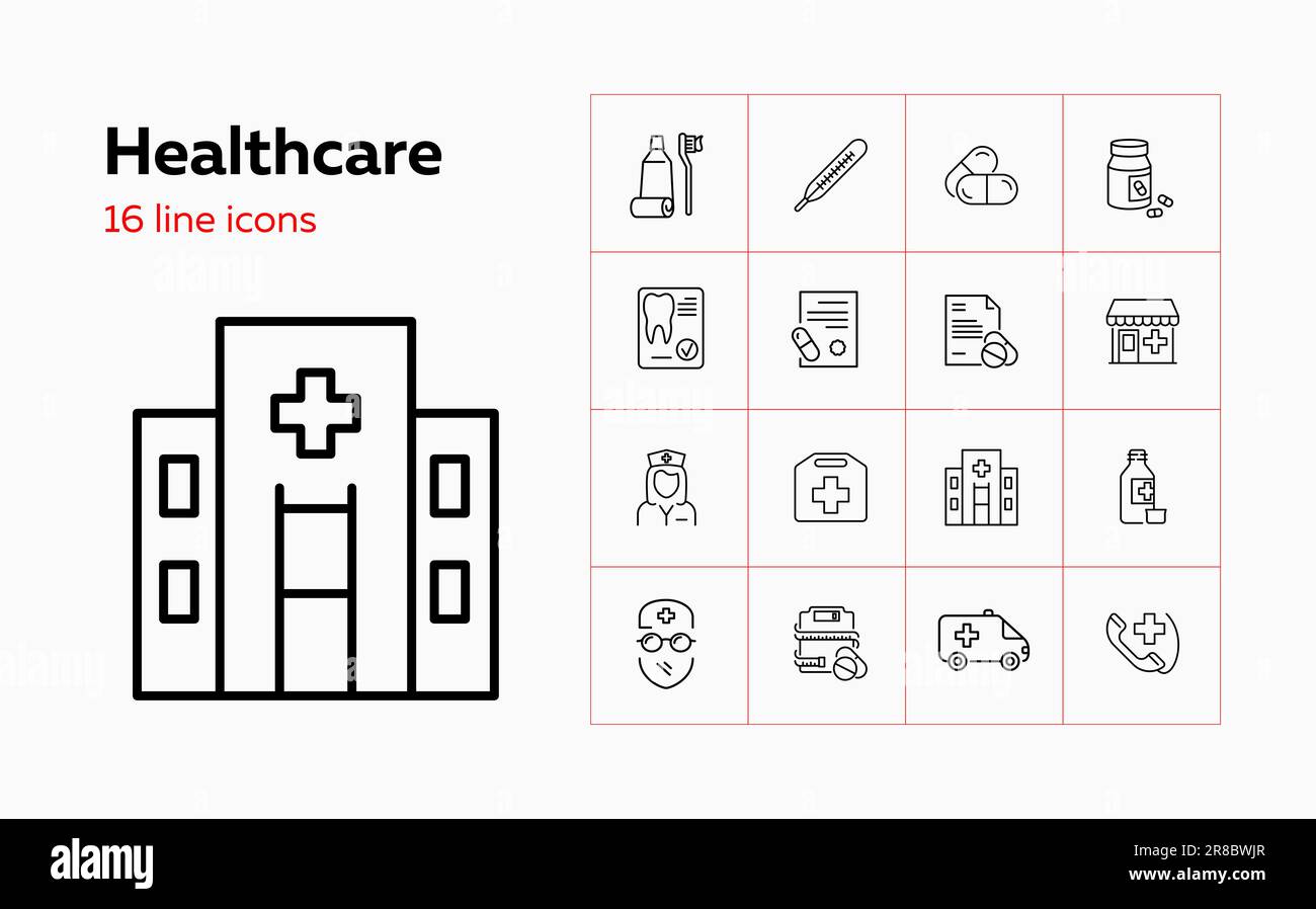 Healthcare line icon set. Thermometer, pharmacy, pills. Medicine ...