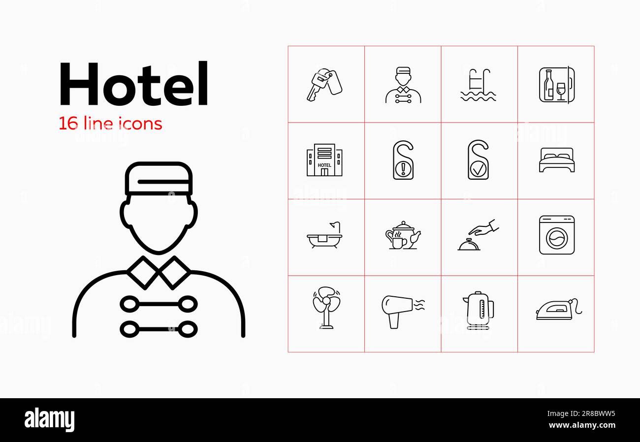 Hotel line icon set. Door sign, hotel building, pool, receptionist ...