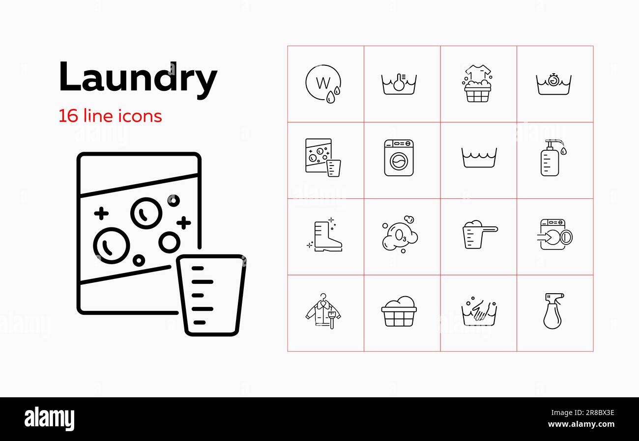 Laundry line icon set. Powder, basin, soap. Household concept. Can be ...