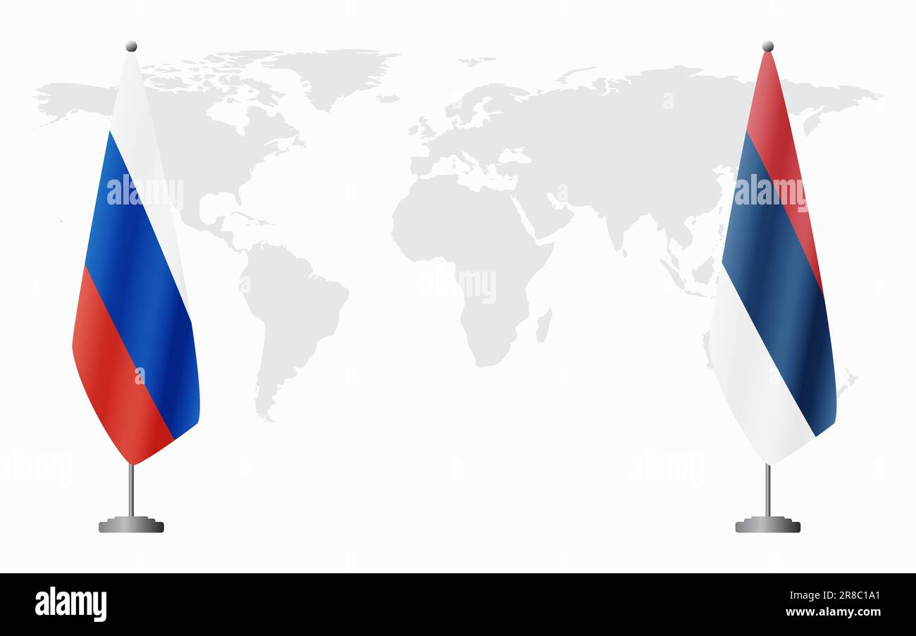 Russia and civil Serbia flags for official meeting against background ...