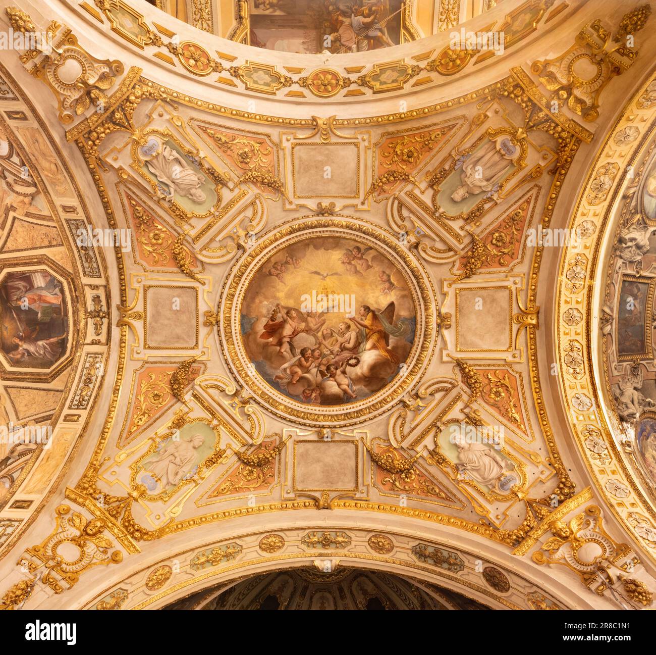 GENOVA, ITALY - MARCH 8, 2023: The ceiling fresco of Angels with the ...