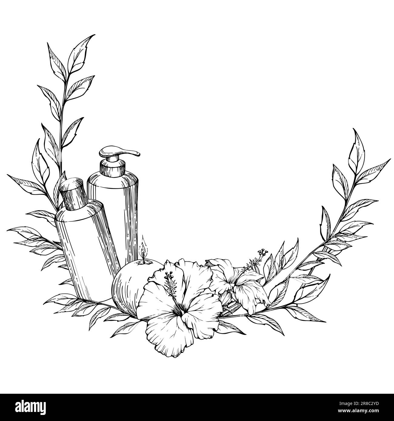 Hand drawn vector ink spa skincare bath beauty products package with ...