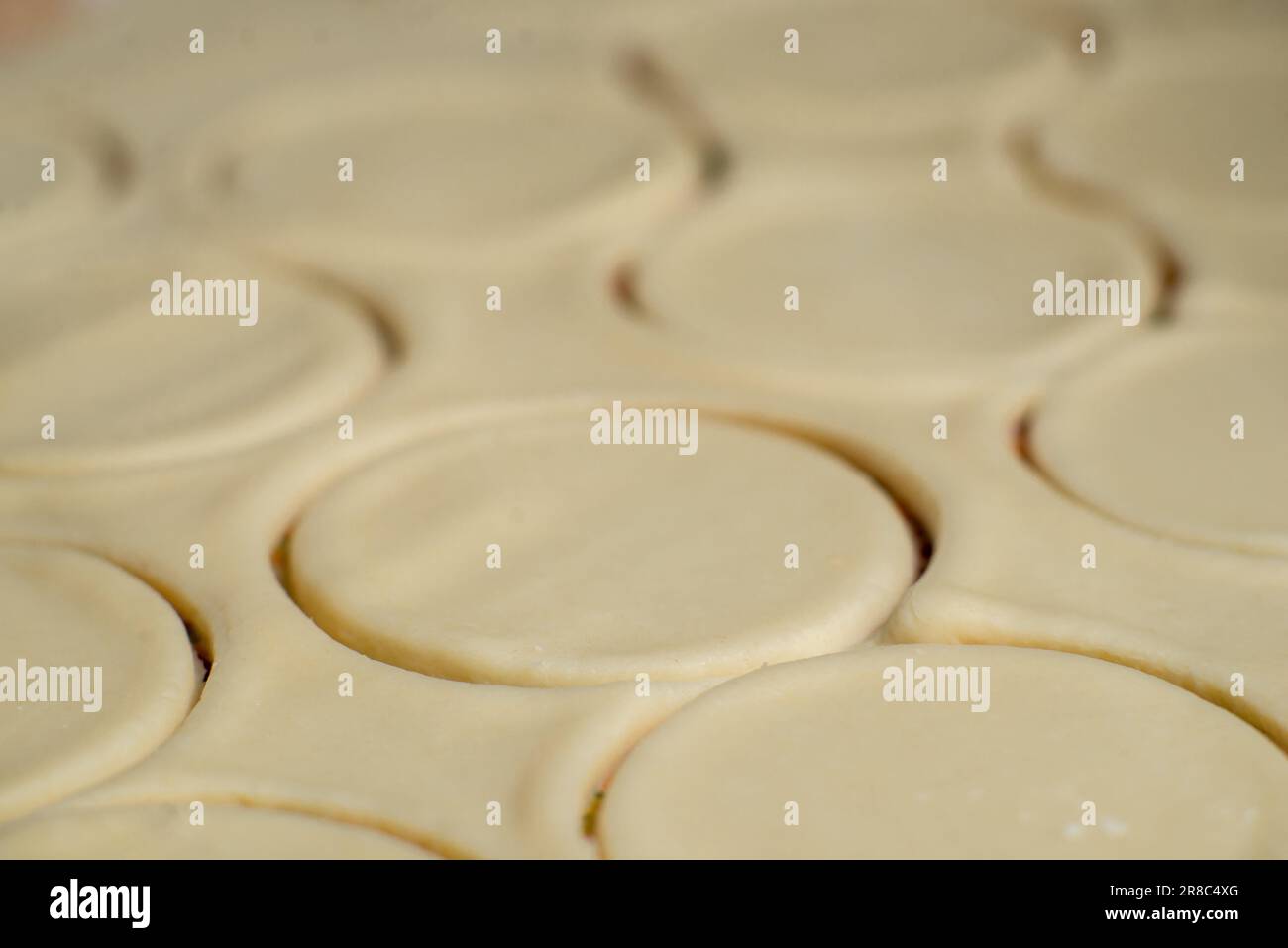 Dough with sliced circles for making variants. Food background. Dough ...
