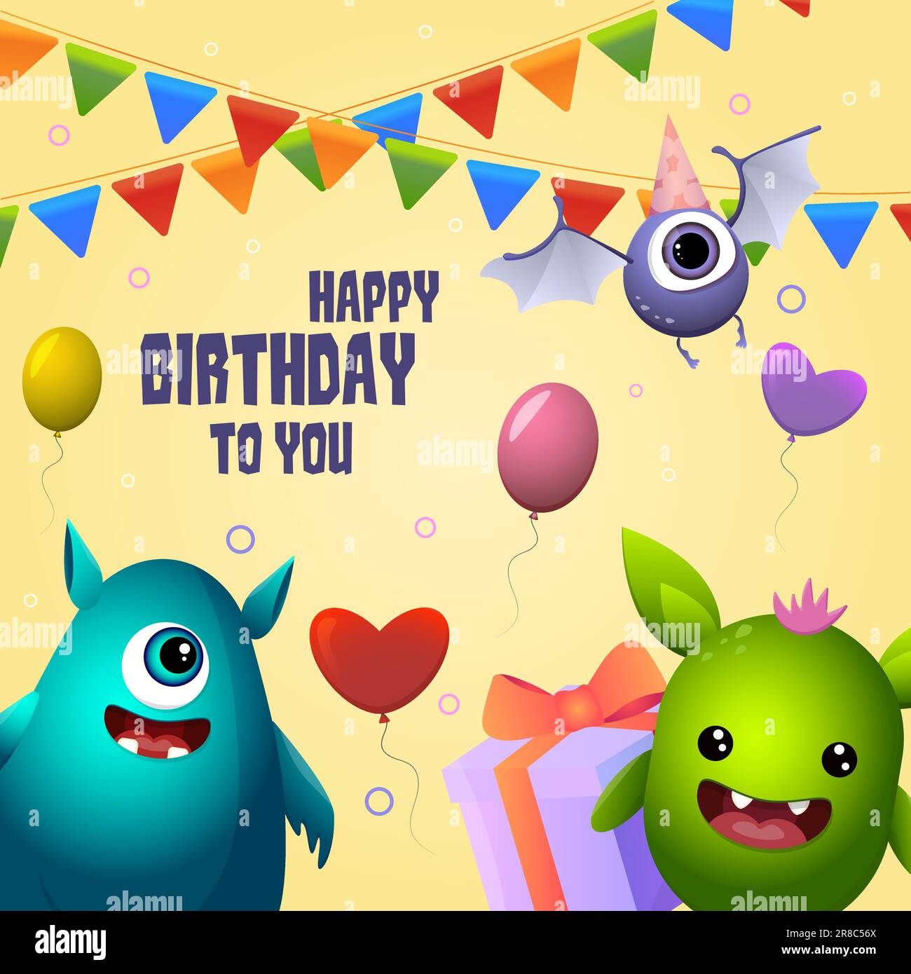 vector card with cute monsters, with gifts, flags, balloons, hubcaps ...