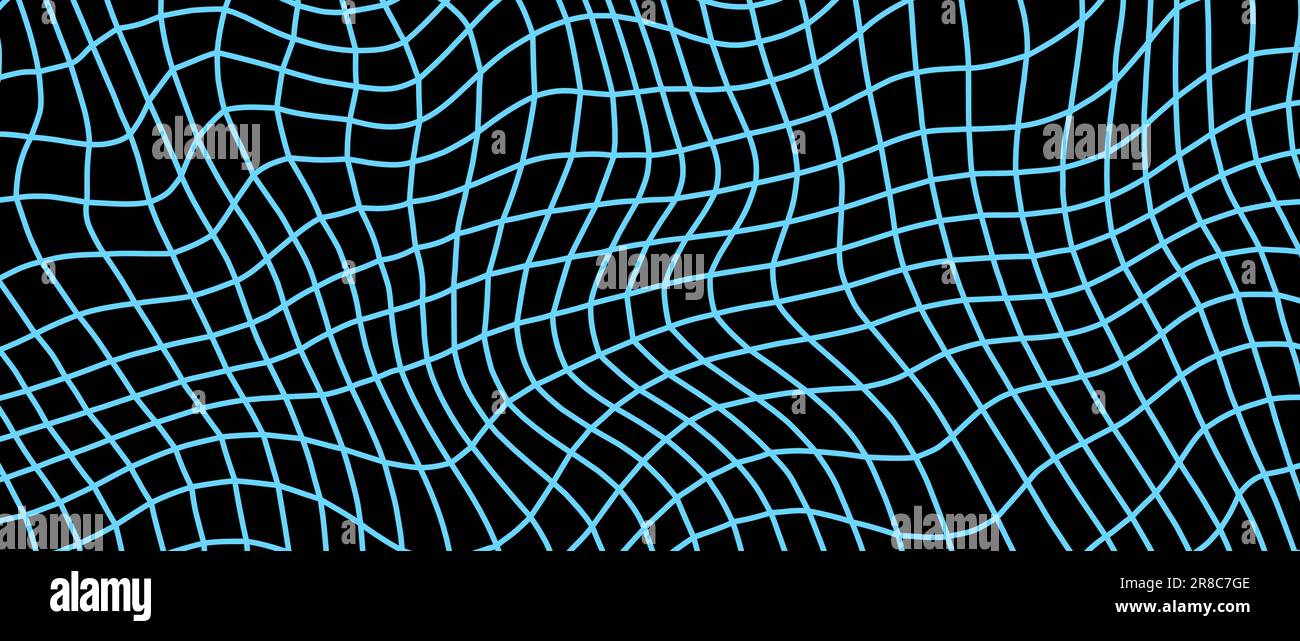 Distorted blue wireframe background. Abstract wavy checkerboard ...