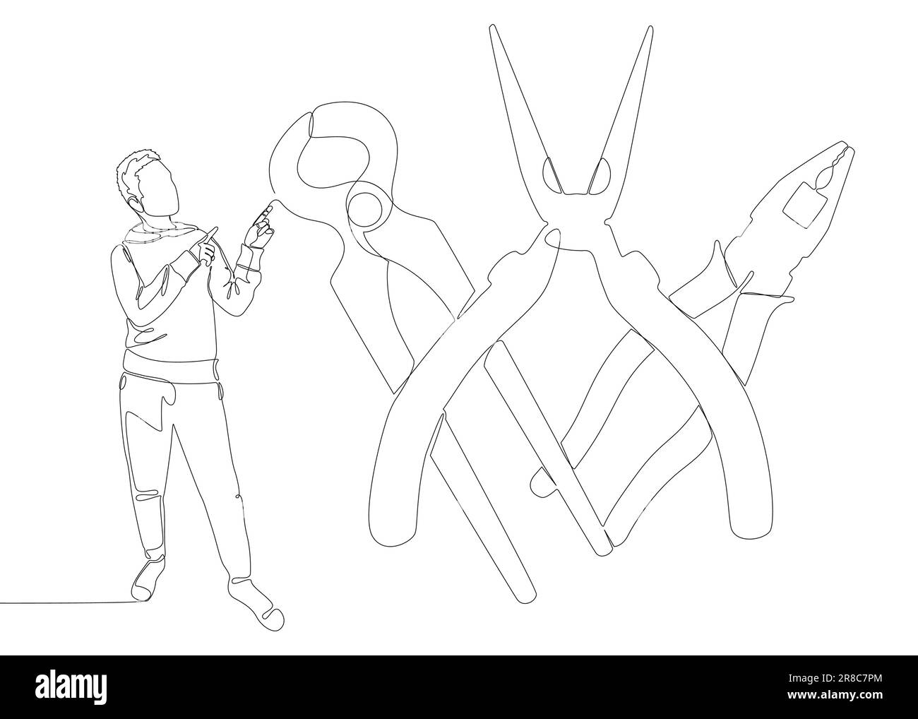 One continuous line of Man pointing with finger at Pliers, Tongs. A ...
