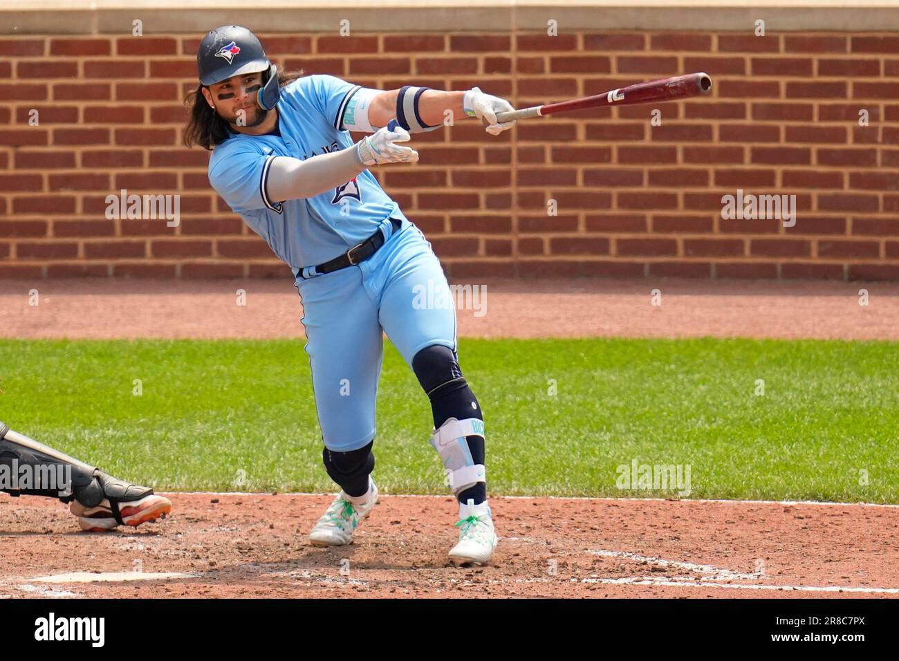 Toronto Blue Jays' Bo Bichette follows through on a swing during the ...