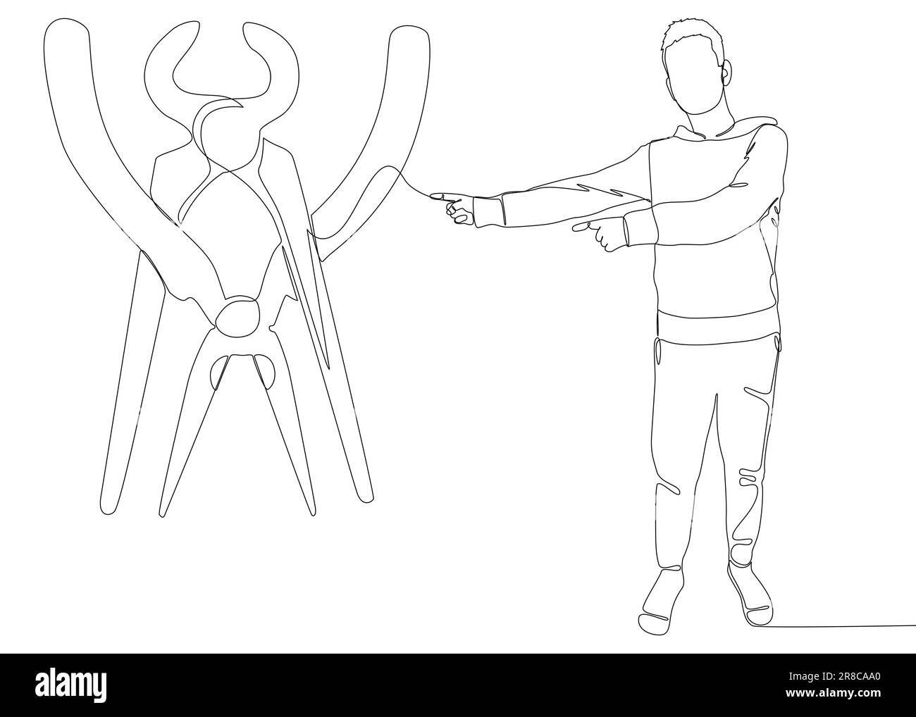 One continuous line of Man pointing with finger at Pliers, Tongs. A ...
