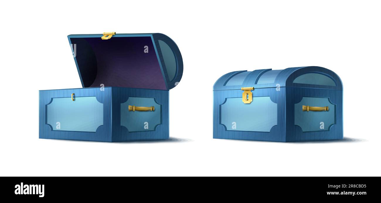 Cartoon style vector icon. Wooden treasure chest in blue color opened ...