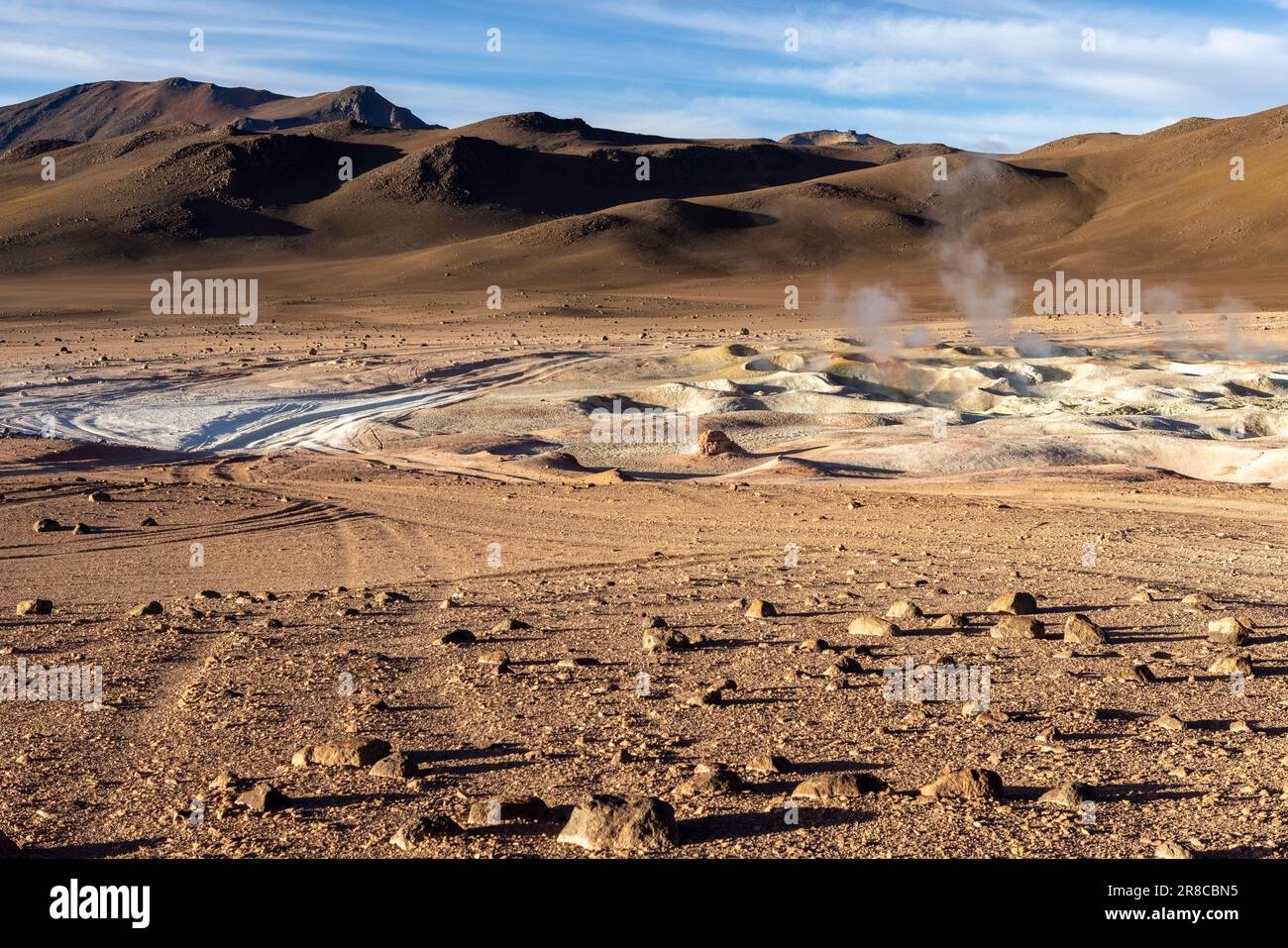 Stunning geothermic field of Sol de Mañana with its steaming geysers ...