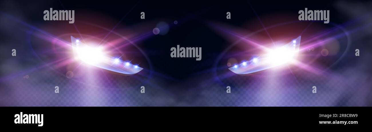Realistic car headlight flare with smoke at night. Road light beam glow ...