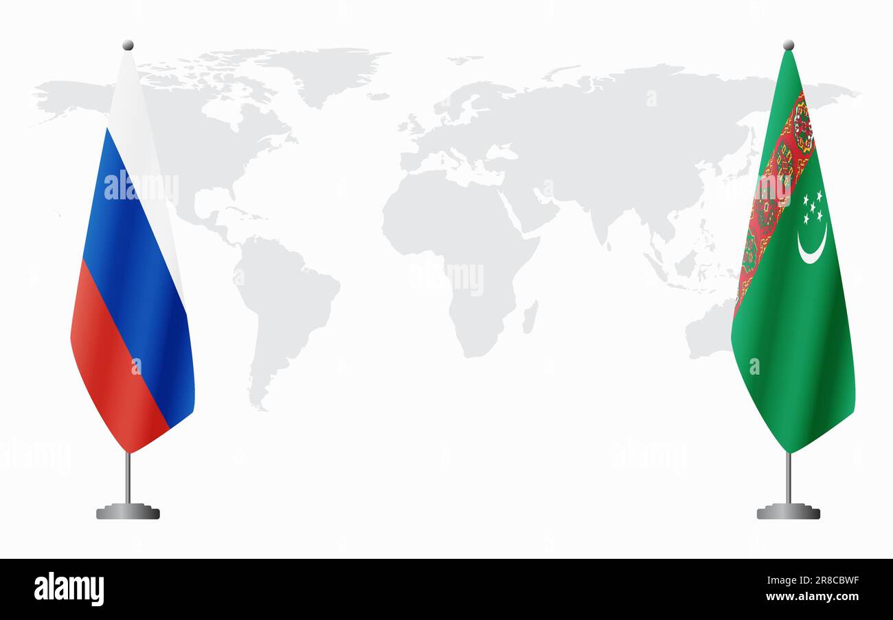 Russia and Turkmenistan flags for official meeting against background ...