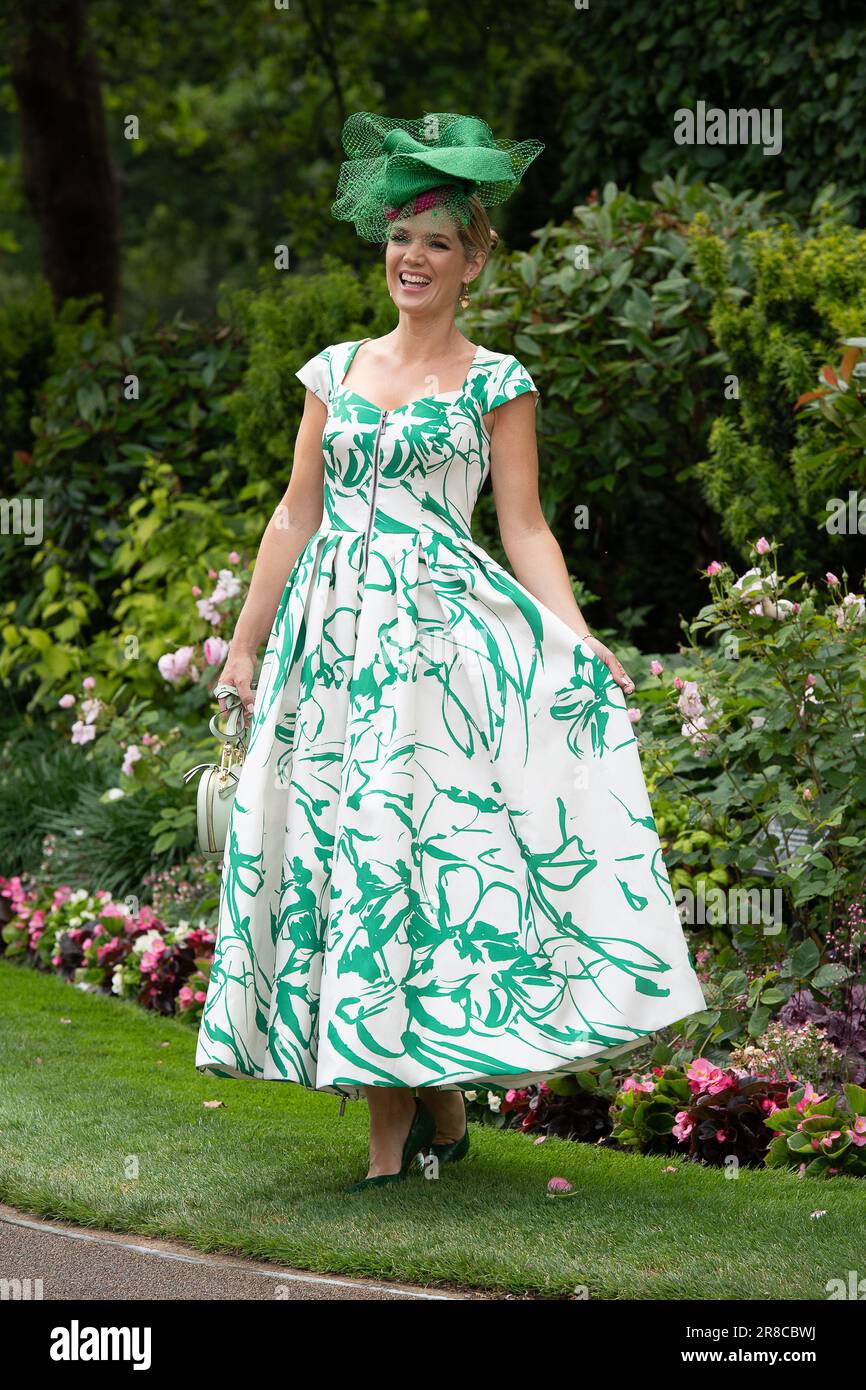 Ascot, Berkshire, UK. 20th June, 2023. ITV Racing TV presenter Charlotte Hawkins wears a pretty ...