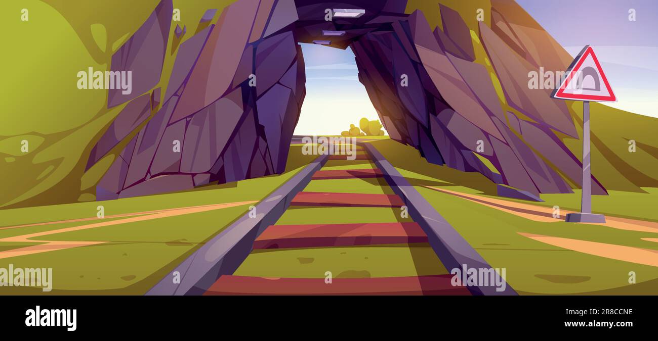 Railway tunnel, stone arch for train tracks. Summer landscape with ...