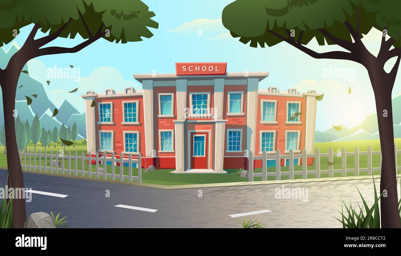 Vector cartoon illustration. School building on a green lawn and road ...