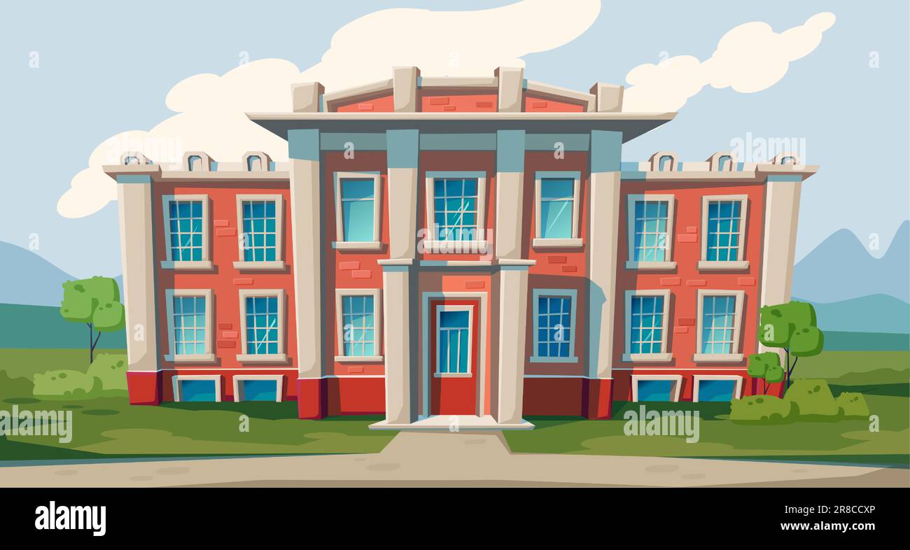 Vector cartoon illustration. School building on a city scape background ...