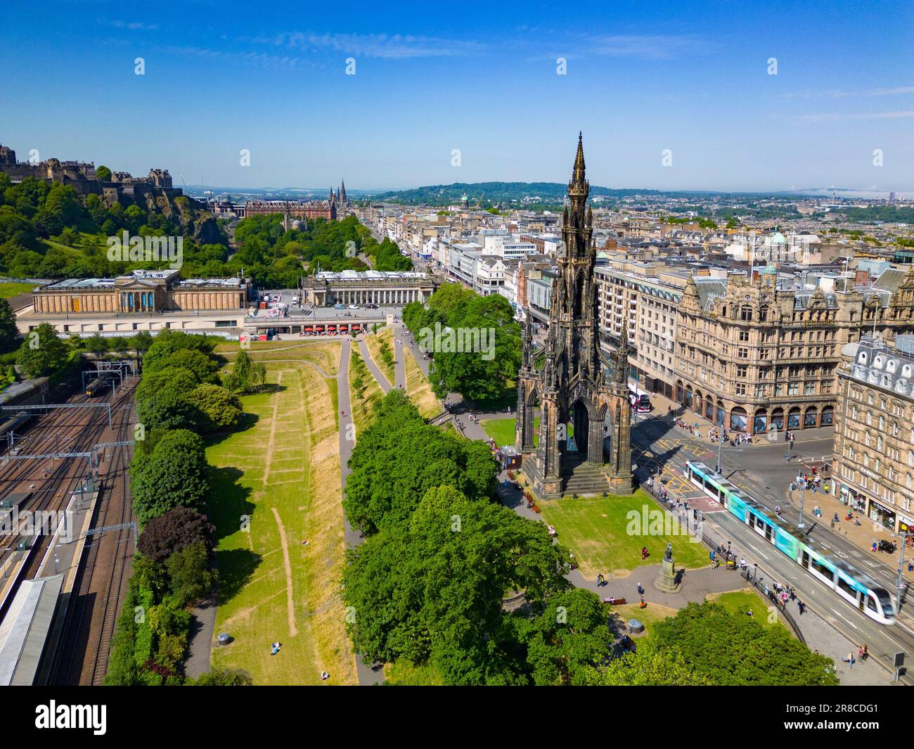 Aerial view of Scott Monument, Princes Street Gardens and Princes ...