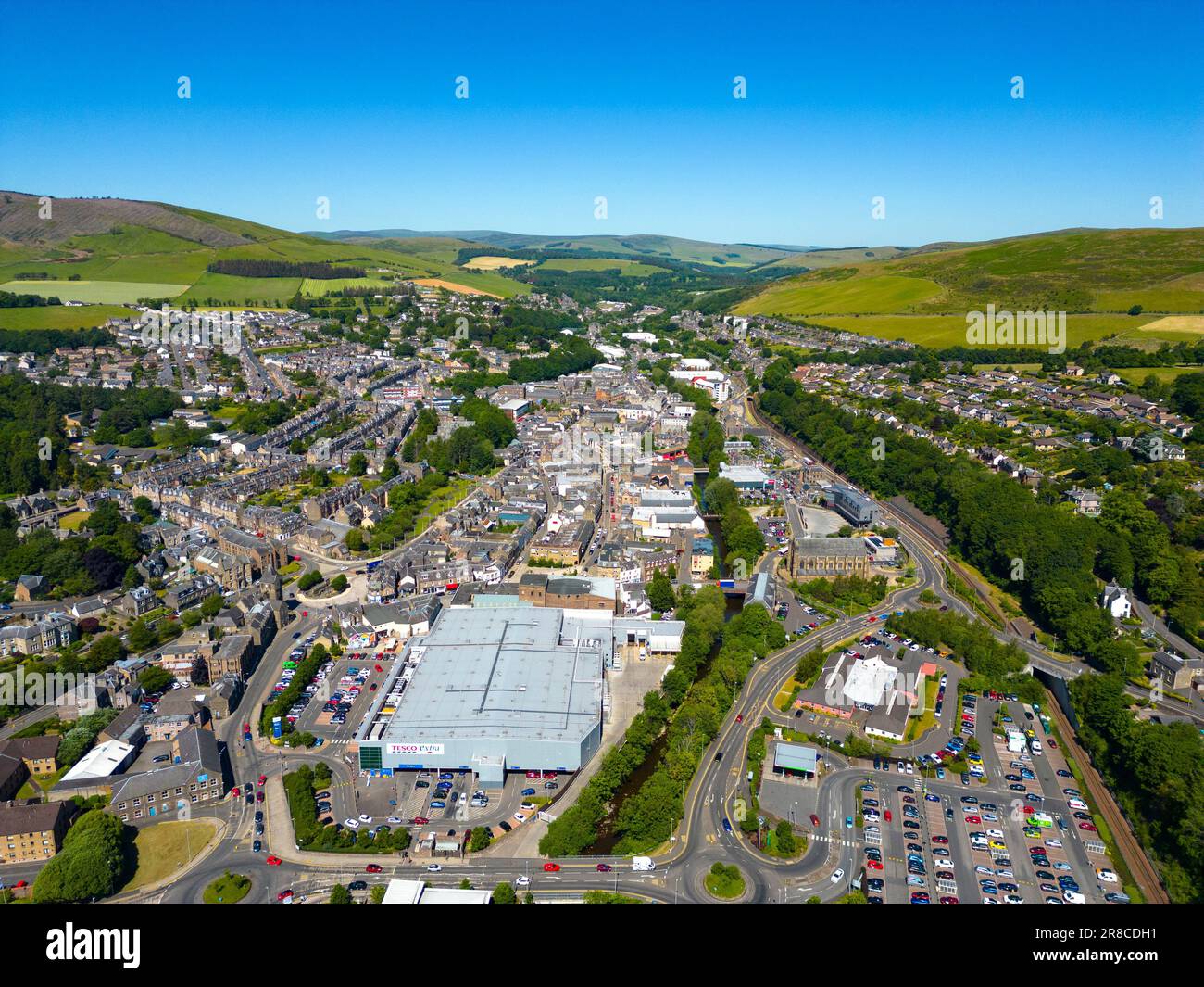 Aerial view from drone of Galashiels town in Scottish Borders, Scotland ...