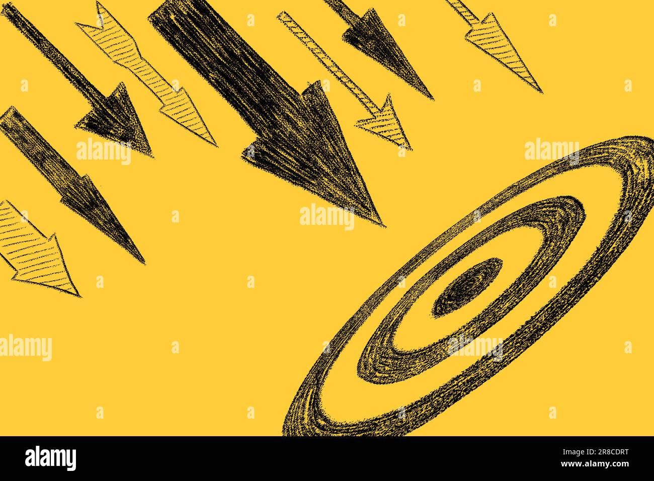 Many different arrows and target drawn in chalk on a green chalkboard ...