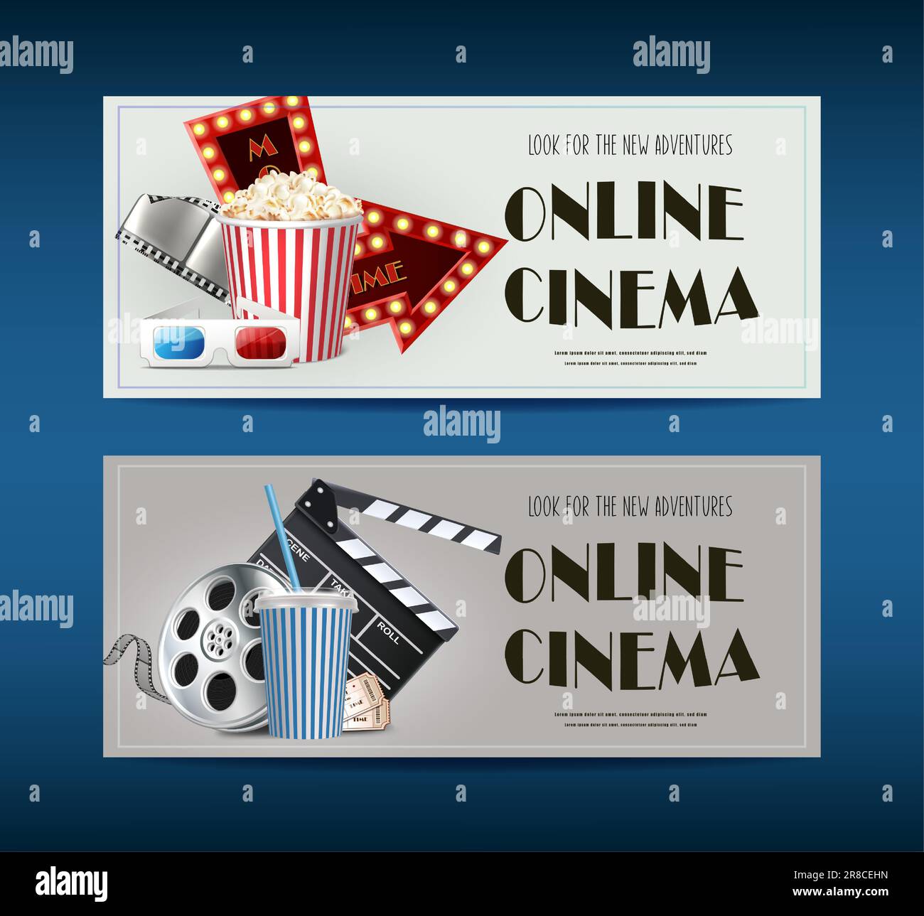 3d realistic vector banners. Movie cinema posters with popcorn ...