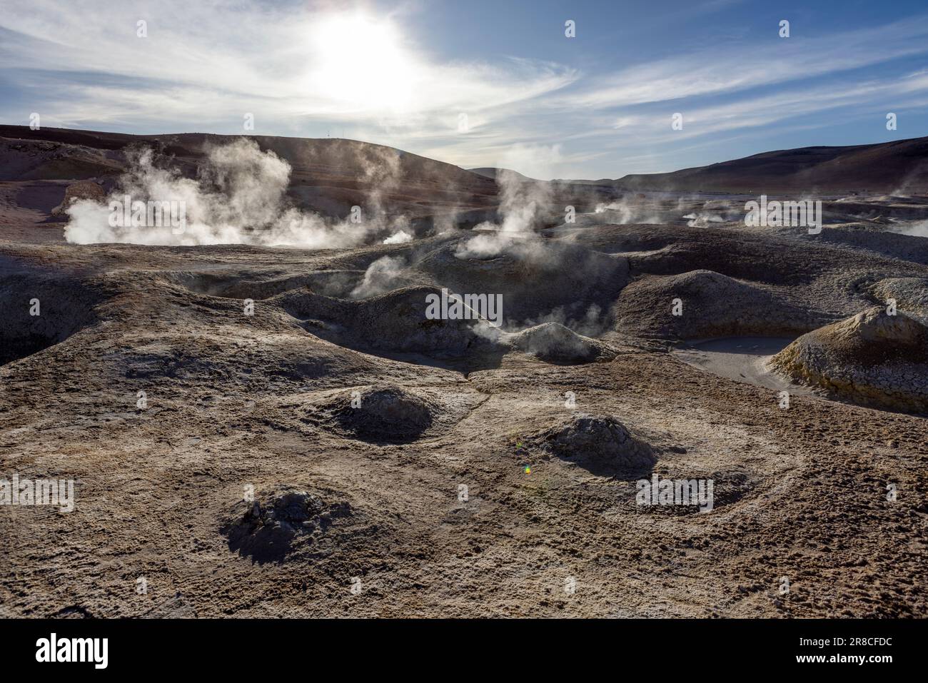 Stunning geothermic field of Sol de Mañana with its steaming geysers ...