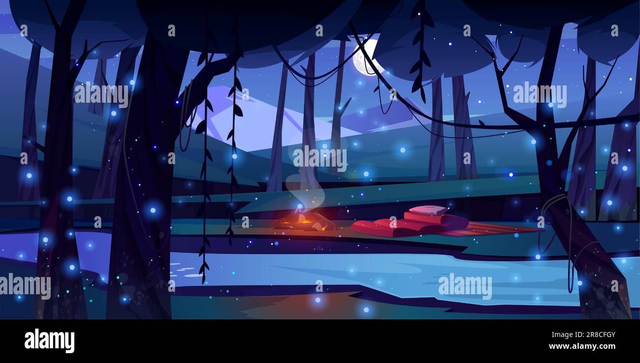 Night jungle forest with swamp and firefly vector background. Fantasy ...