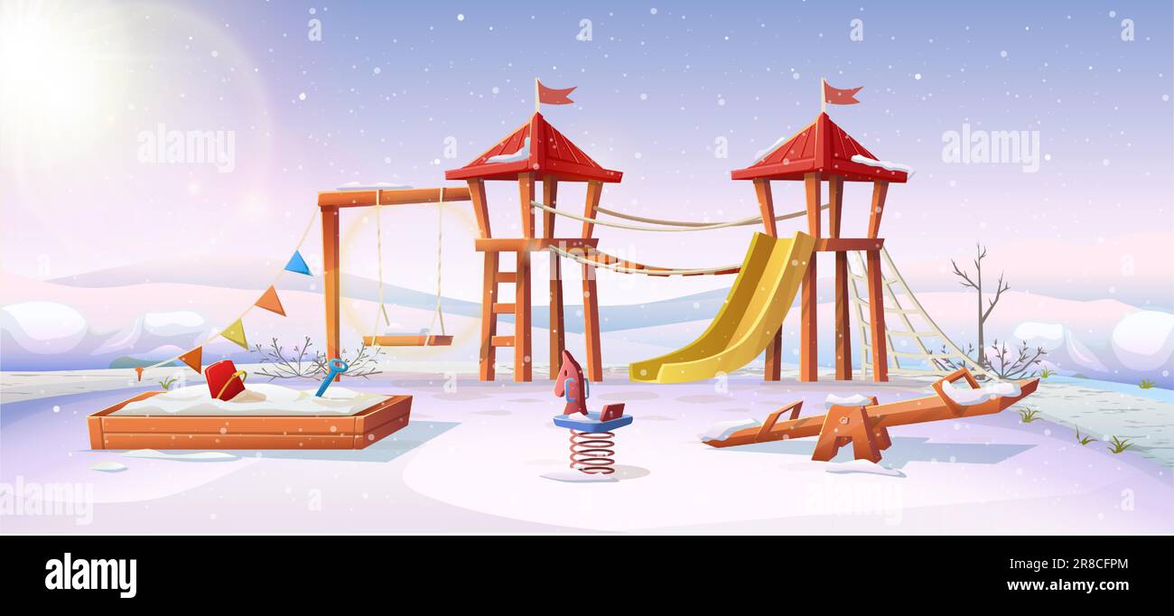 Cartoon style illustration. Kids outdoor playground in the winter with ...
