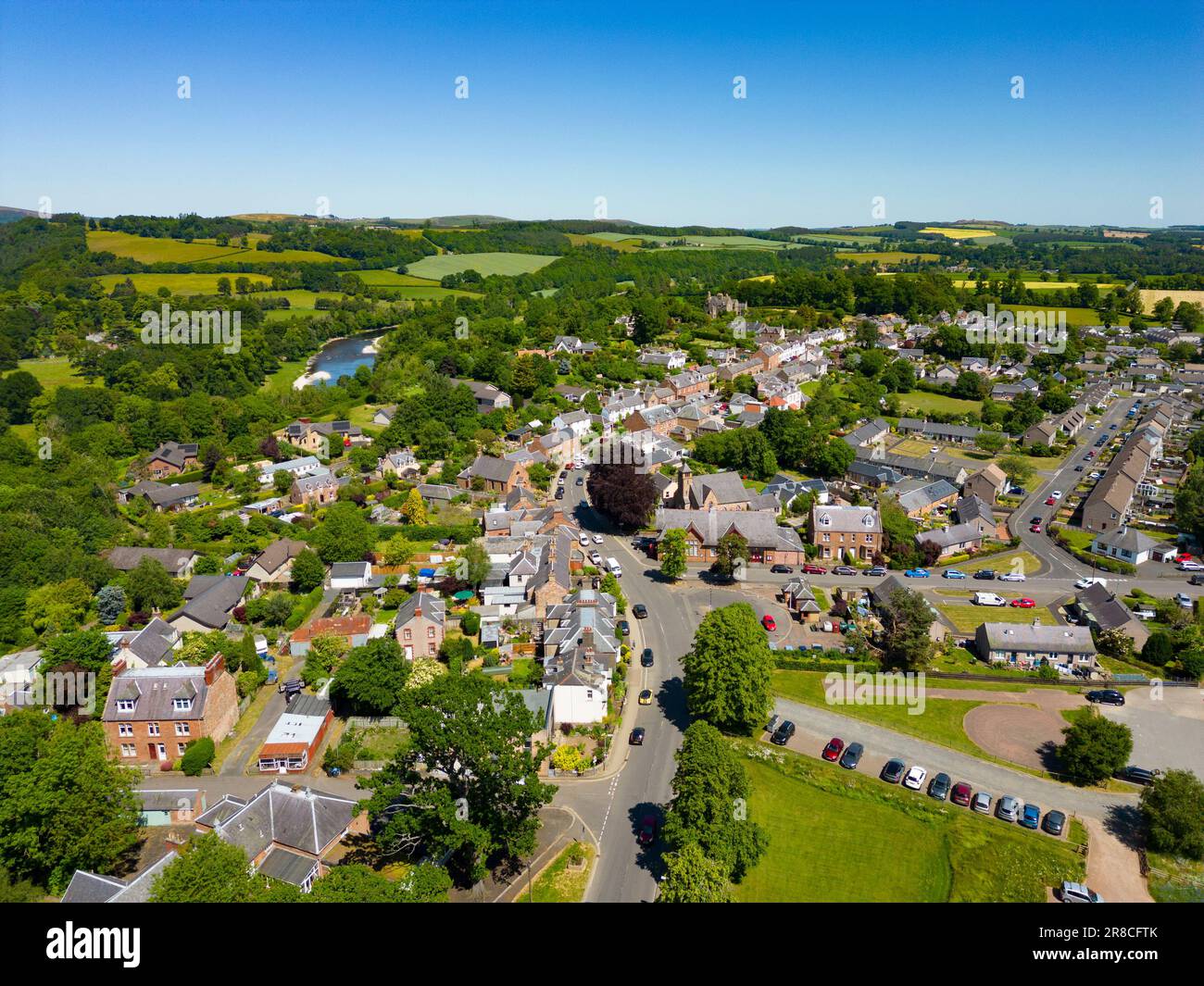 Aerial view from drone of village of St Boswells in Scottish Borders ...
