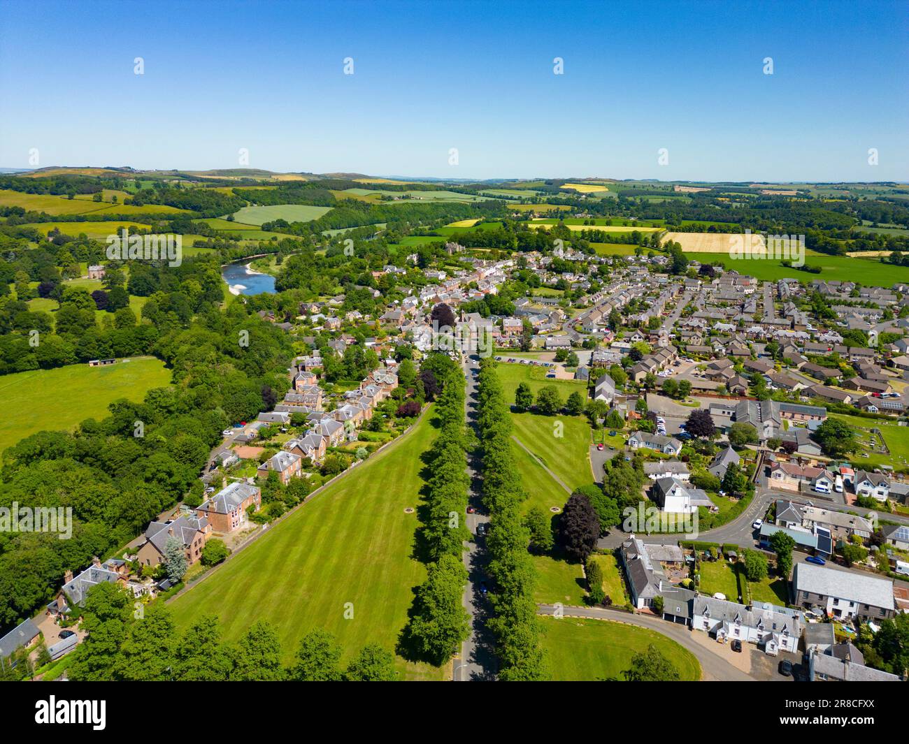 Aerial view from drone of village of St Boswells in Scottish Borders ...