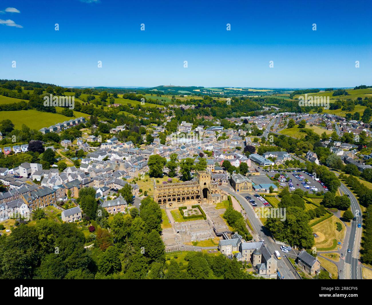 Aerial view from drone of town of Jedburgh in Scottish Borders ...