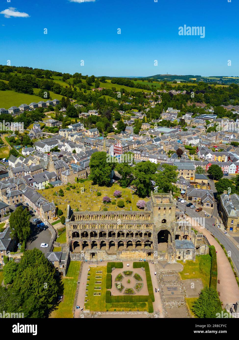 Aerial view from drone of Jedburgh Abbey ruins in town of Jedburgh in ...