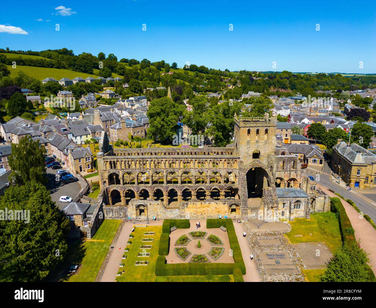 Aerial view from drone of Jedburgh Abbey ruins in town of Jedburgh in ...