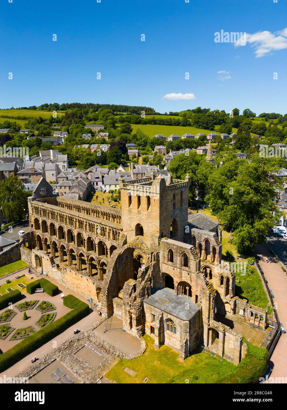 Aerial view from drone of Jedburgh Abbey ruins in town of Jedburgh in ...