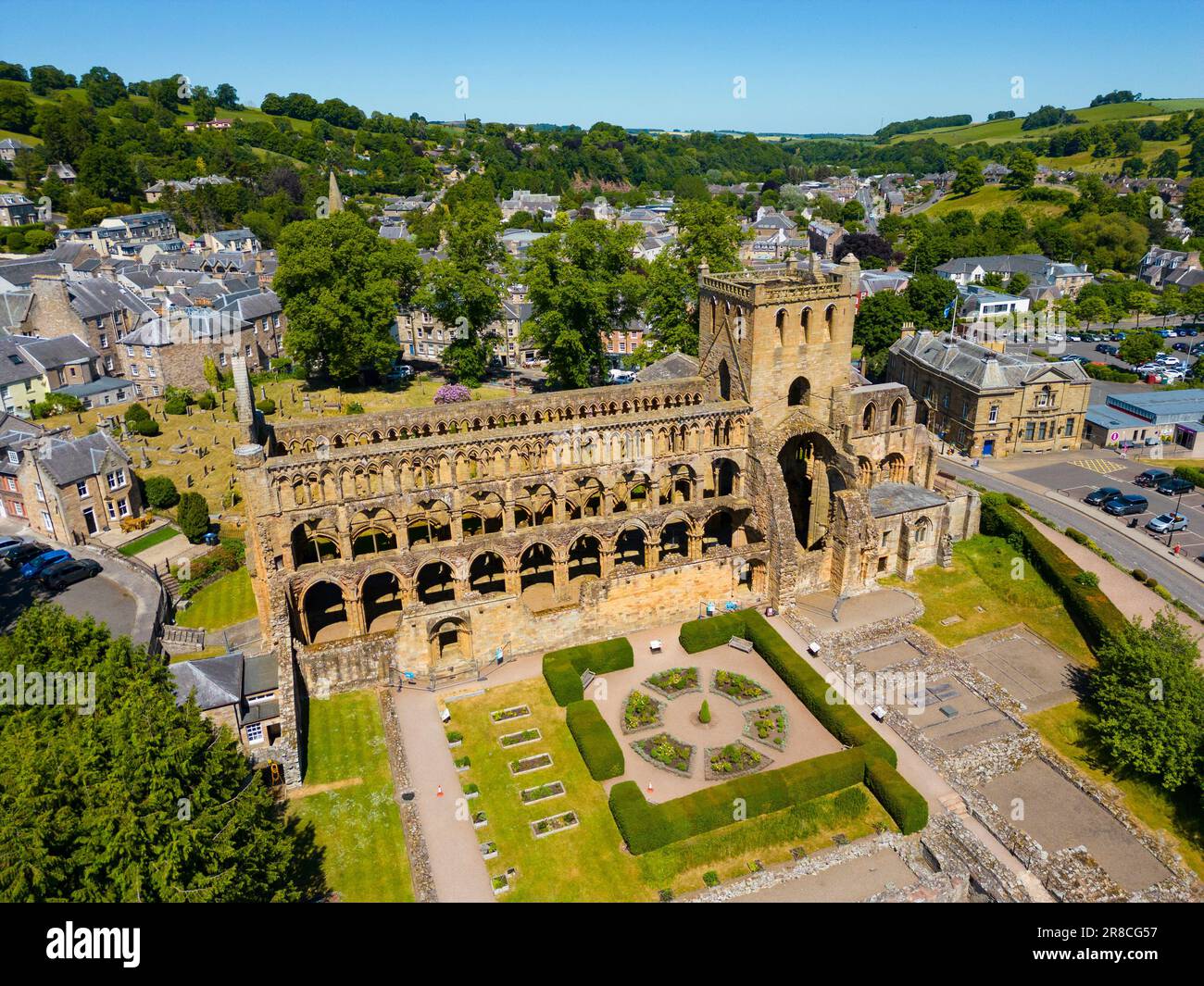 Aerial view from drone of Jedburgh Abbey ruins in town of Jedburgh in ...