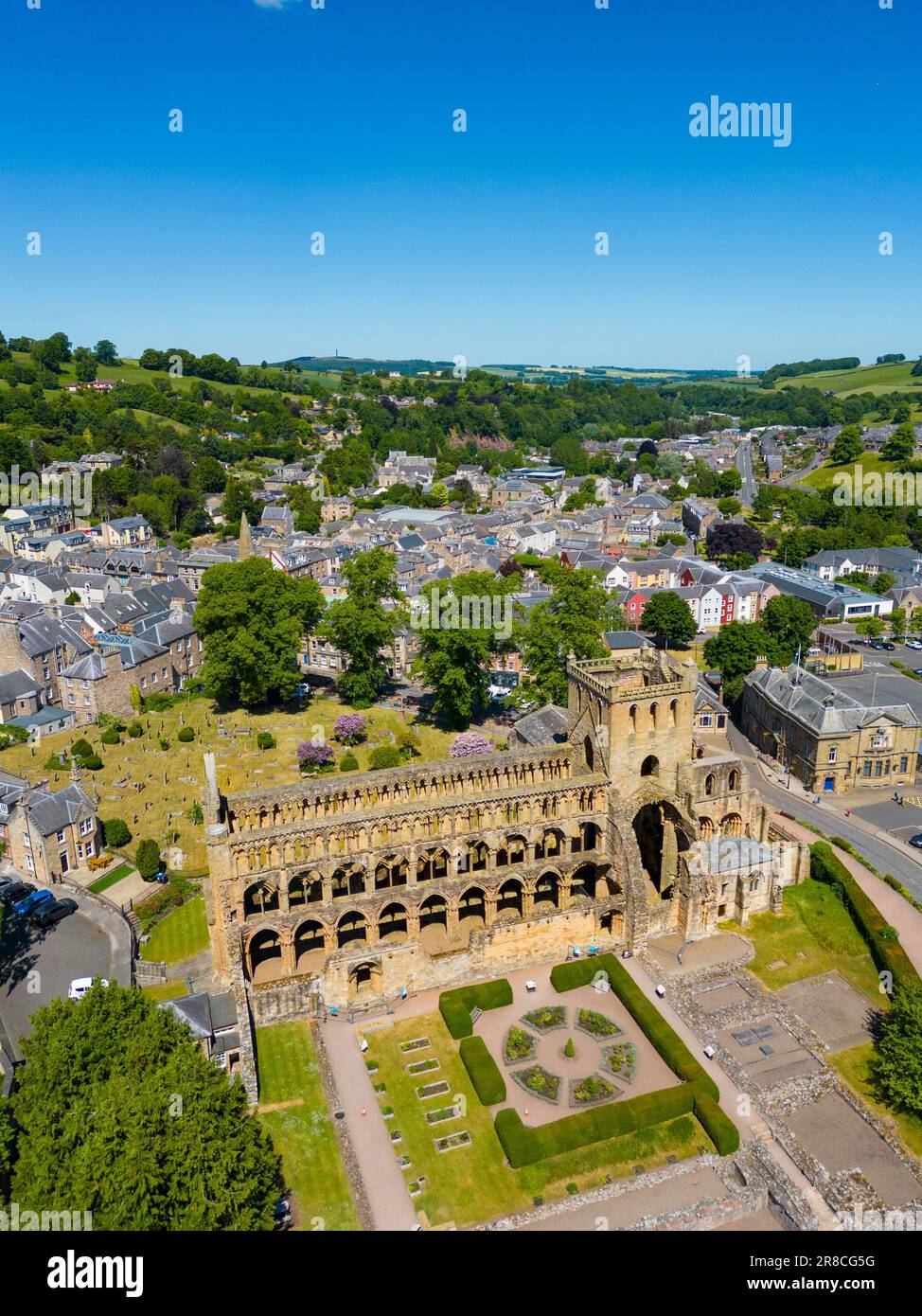 Aerial view from drone of Jedburgh Abbey ruins in town of Jedburgh in ...