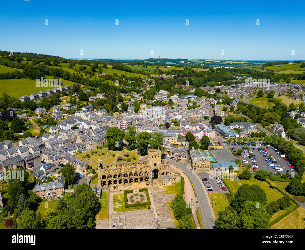 Aerial view from drone of Jedburgh Abbey ruins in town of Jedburgh in ...