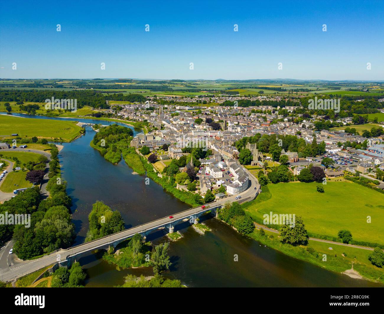 Aerial view from drone of River Tweed and Kelso Bridge at Kelso in ...