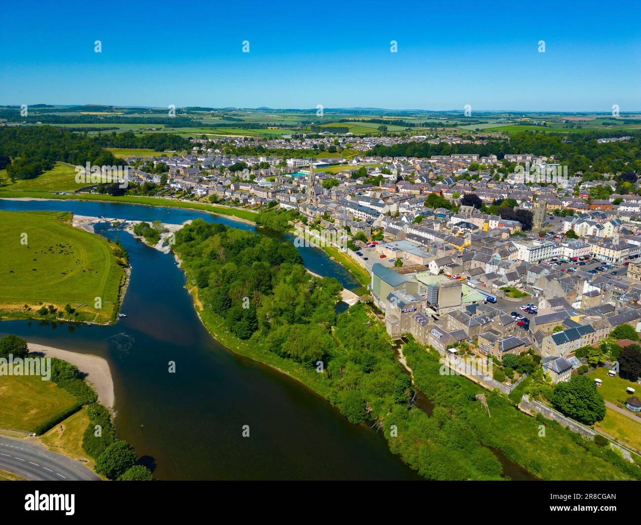 Aerial view from drone of River Tweed at Kelso in Scottish Borders ...
