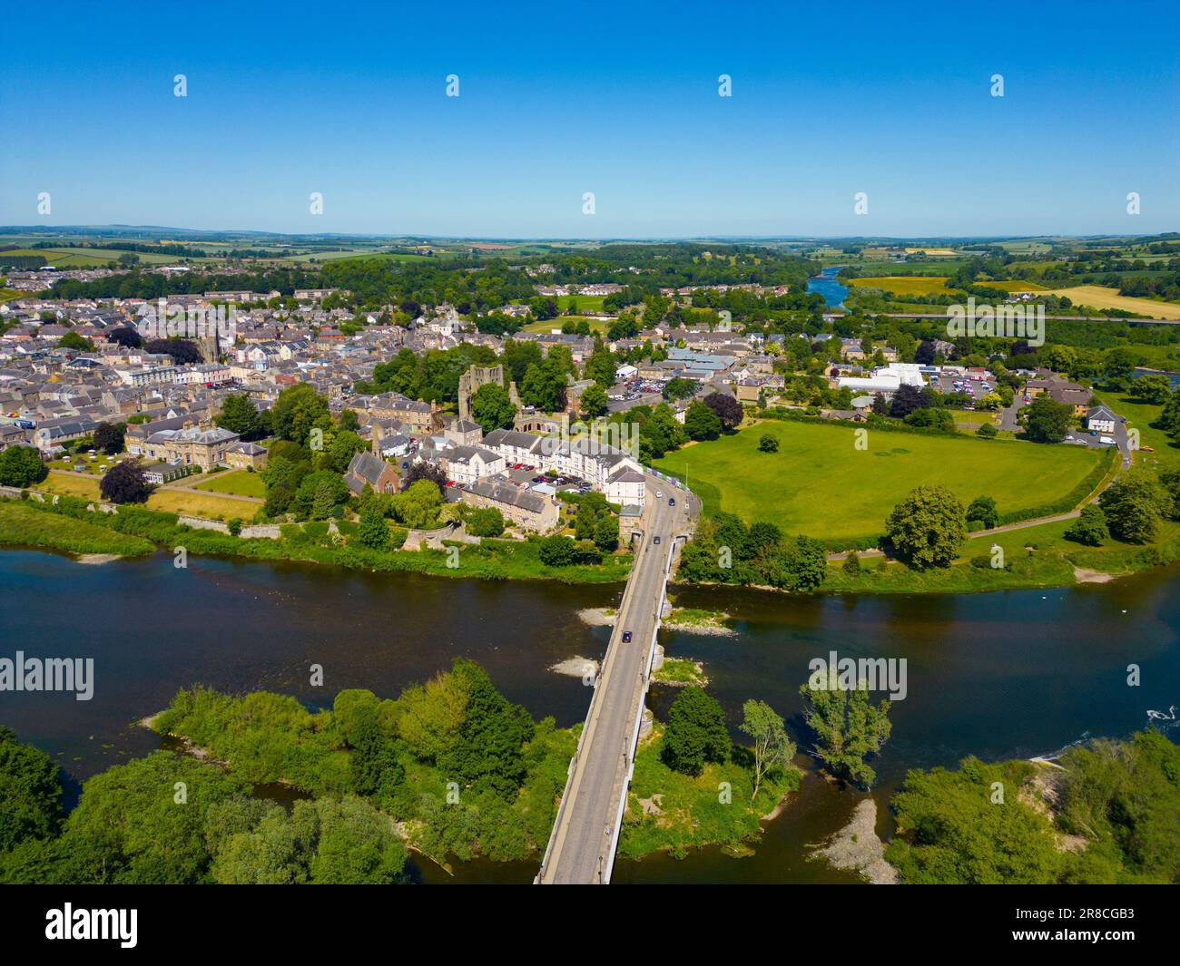 Aerial view from drone of River Tweed and Kelso Bridge at Kelso in ...