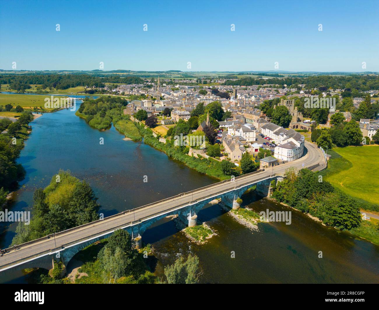Aerial view from drone of River Tweed and Kelso Bridge at Kelso in ...