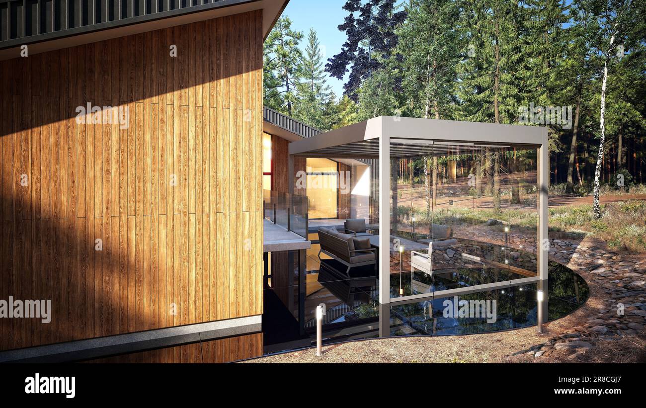 Modern Gazebo Sunroom Pergola on Patio. 3d rendering Stock Photo - Alamy