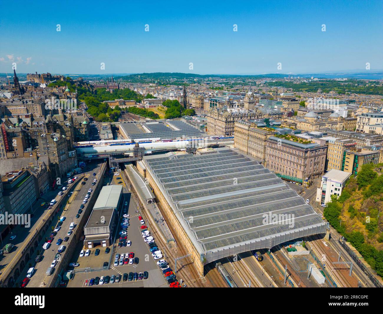 Aerial view of Waverley railway station and skyline of Edinburgh ...