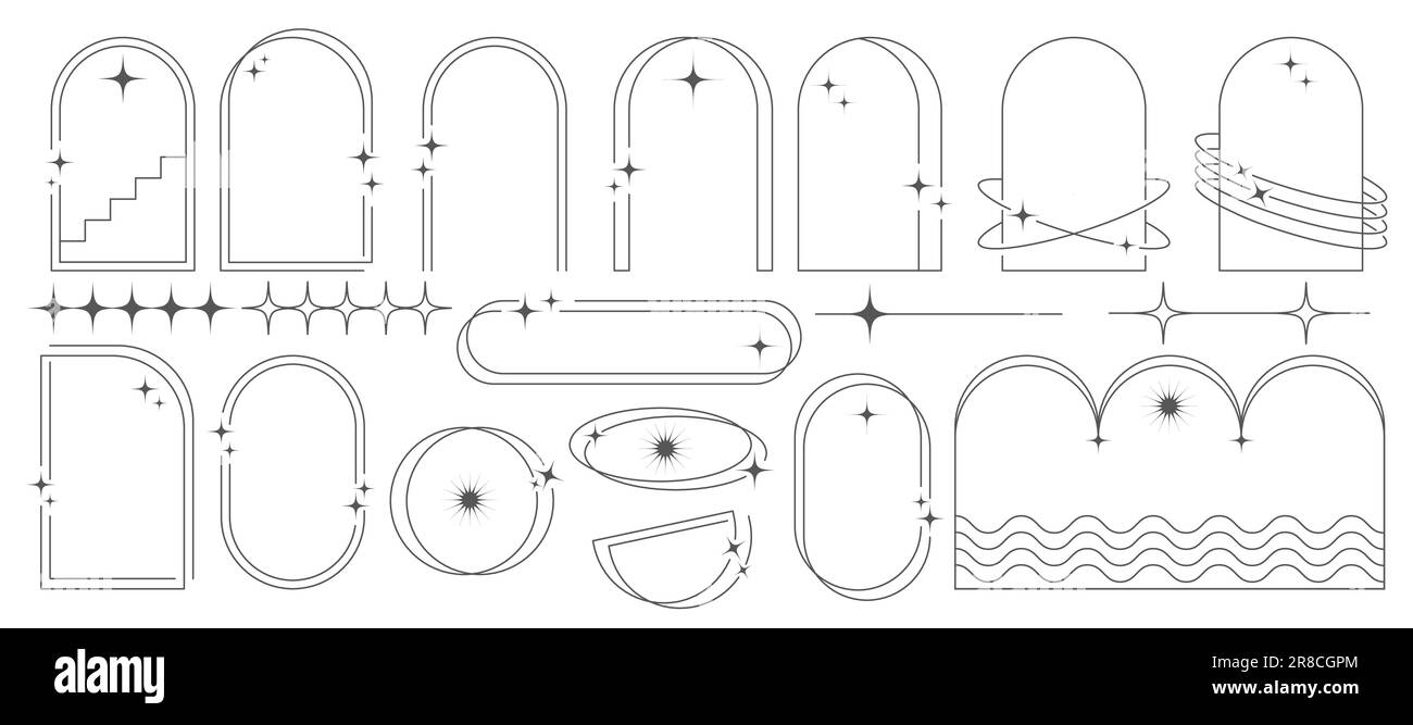 Aesthetic frames and shapes with stars. Minimal y2k outline graphic design with sparkles ...
