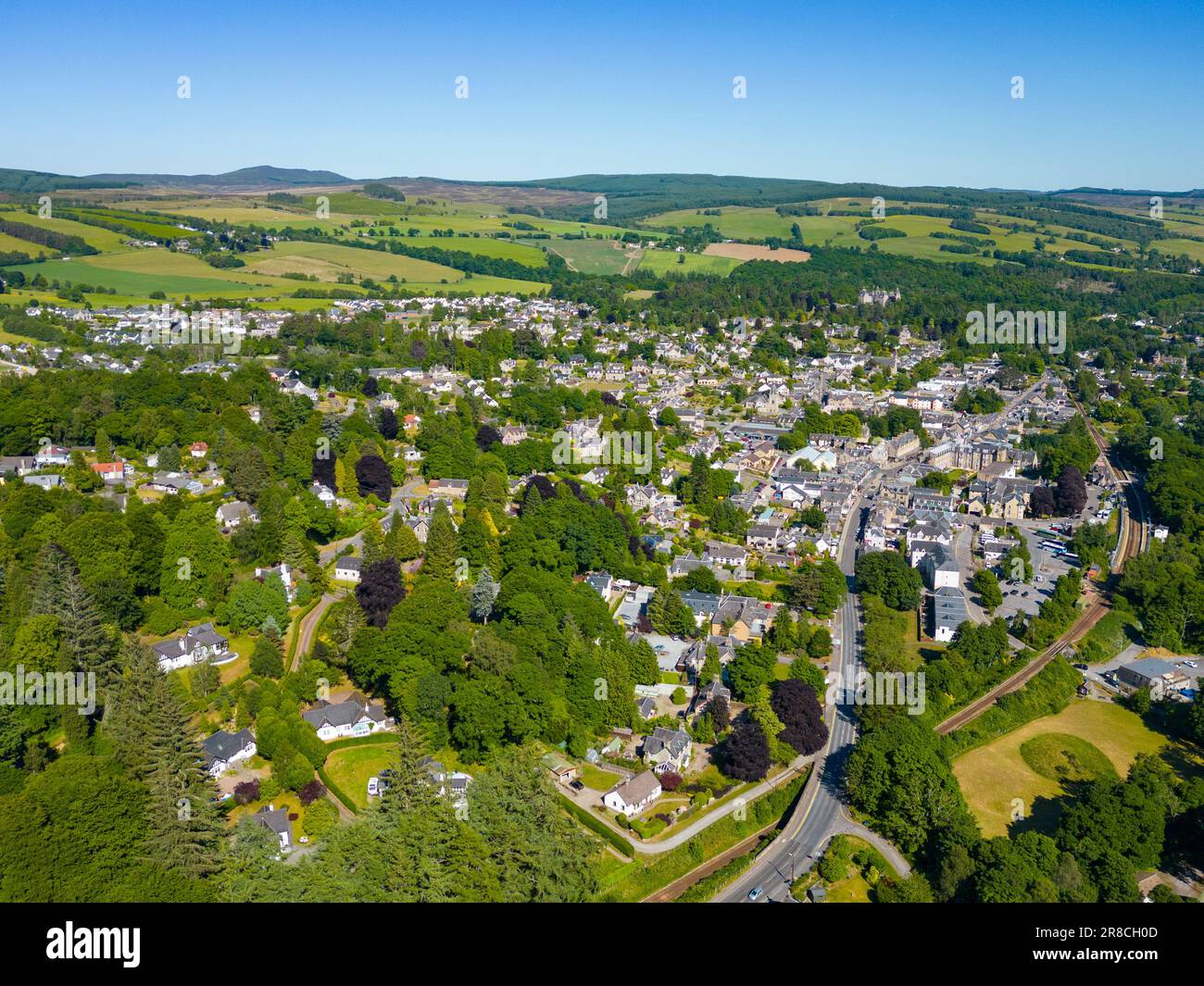 Aerial view from drone of Pitlochry town in Perth and Kinross, Scotland ...