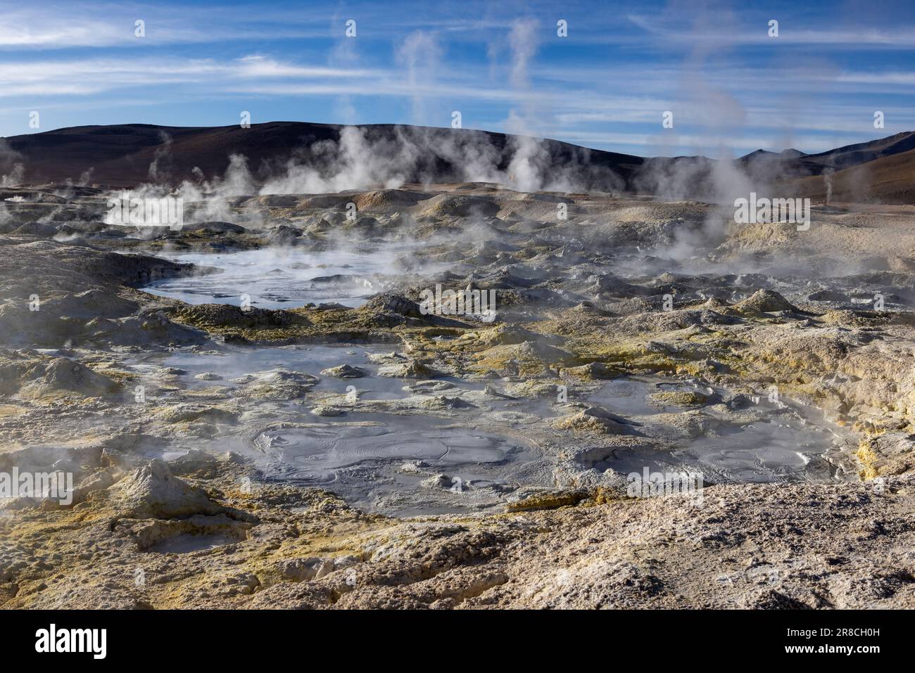 Stunning geothermic field of Sol de Mañana with its steaming geysers ...