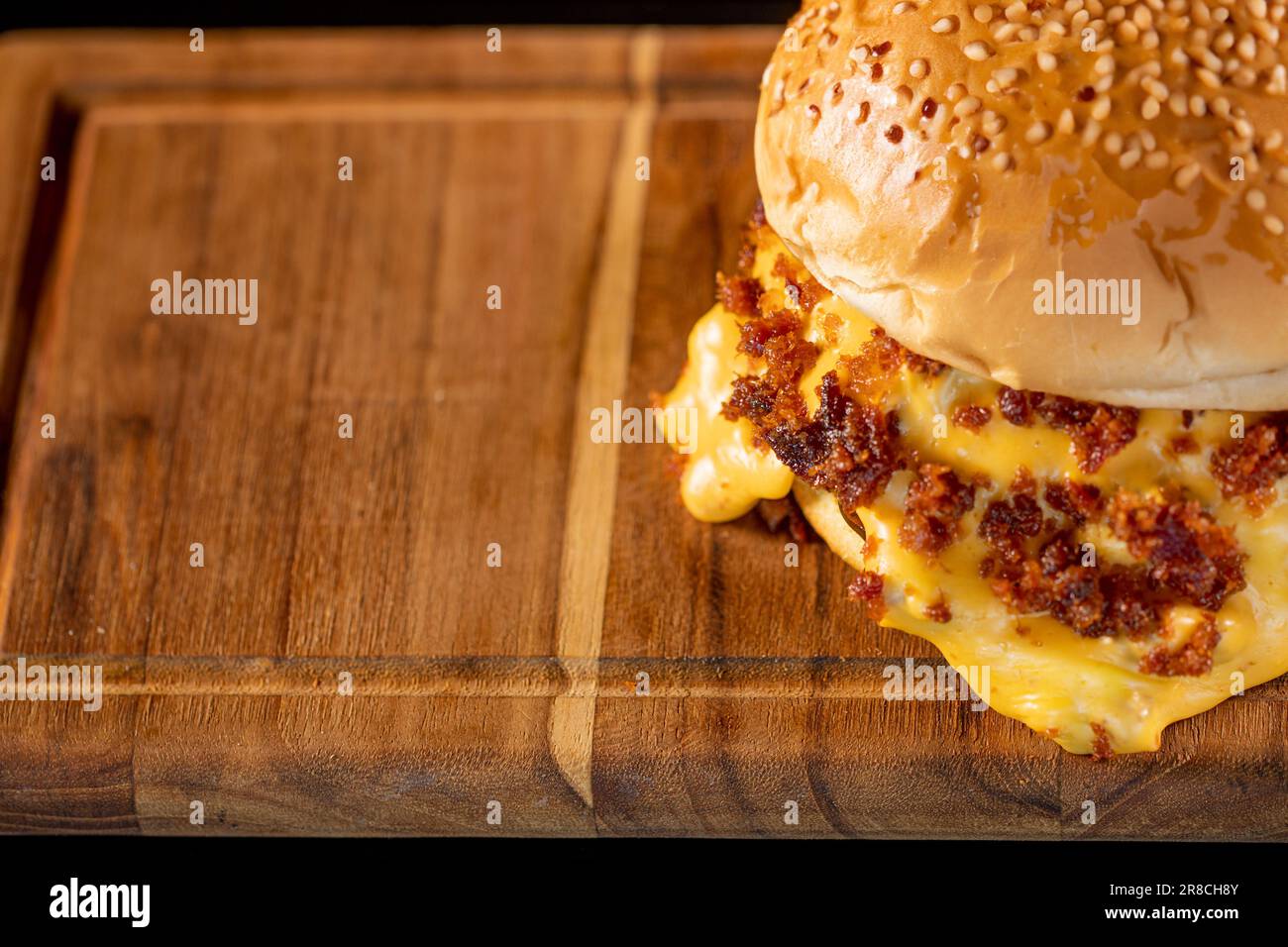 Delicious hamburger with cheese and bacon shooting in studio Stock ...